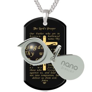 Lord's Prayer Crucifix Cross Necklace Onyx Dog Tag Pendant 24k Gold Inscribed, 20" 925 Sterling Silver