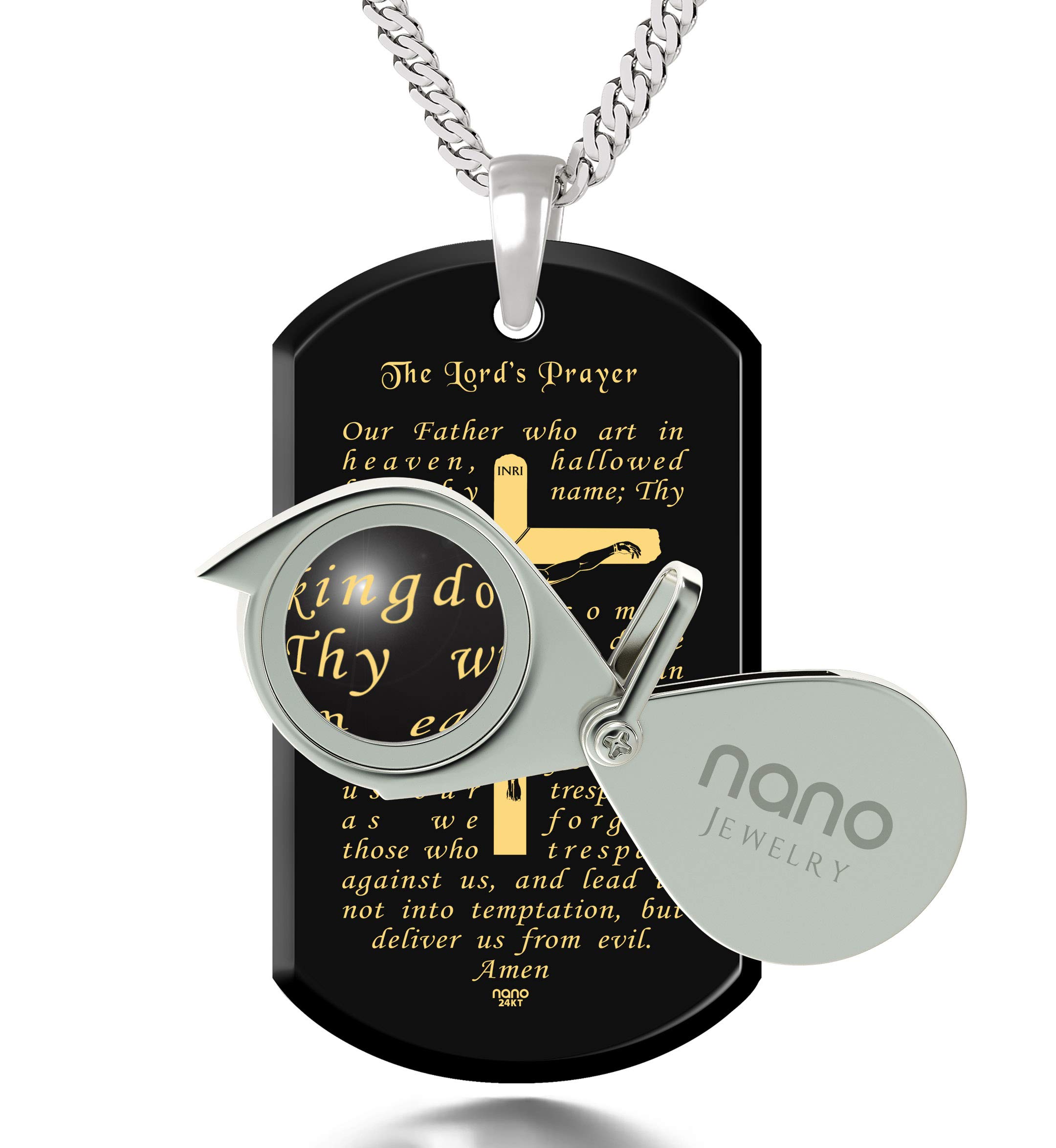 Lord's Prayer Crucifix Cross Necklace Onyx Dog Tag Pendant 24k Gold Inscribed, 20" 925 Sterling Silver