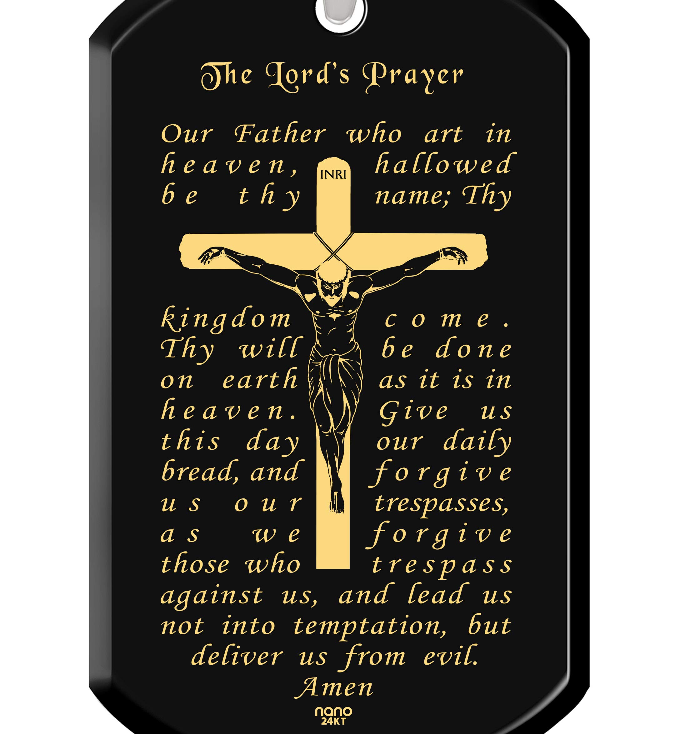 Lord's Prayer Crucifix Cross Necklace Onyx Dog Tag Pendant 24k Gold Inscribed, 20" 925 Sterling Silver