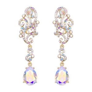 brilove wedding bridal dangle earrings for women crystal floral scroll chandelier earrings iridescent ab gold-toned