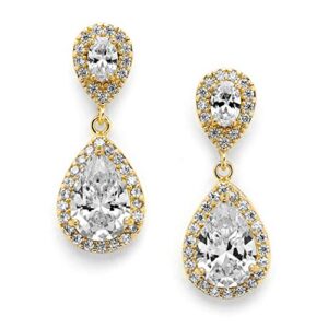 mariell gold cubic zirconia crystal teardrop dangle bridal and wedding earrings, cz jewelry for brides, bridesmaids, homecoming, prom and dressy everyday wear