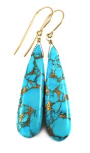 14k yellow gold blue turquoise 2-1.4" earrings with coppery mosaic veining long large simple dangle drops