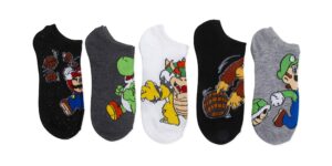 mario boys mario 5 pack no show casual sock, black white grey mario, 11-sep us