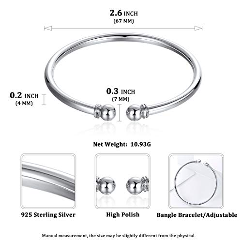 ChicSilver 925 Sterling Silver Bangle Bracelet for Women, Fashion Simple Open Bangles Adjustable Two Bead Cuff Jewelry