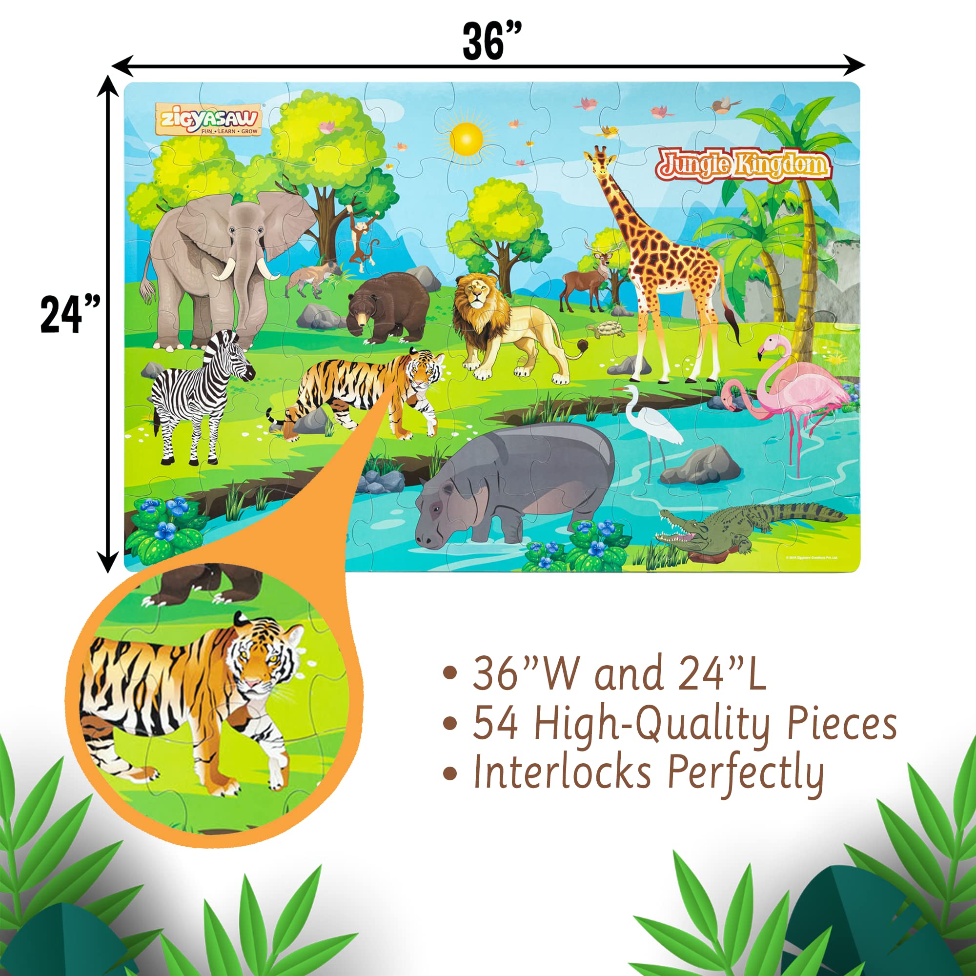 Jungle Safari Jigsaw Animal Puzzle, Floor Puzzles for Kids Ages 3-5, 4-8-10, Animal Games Kids Puzzle, Large Floor 54 Pieces Jigsaw Puzzles for Kids 36" x 24", Gifts for 4-10 Year Old Boys and Girls