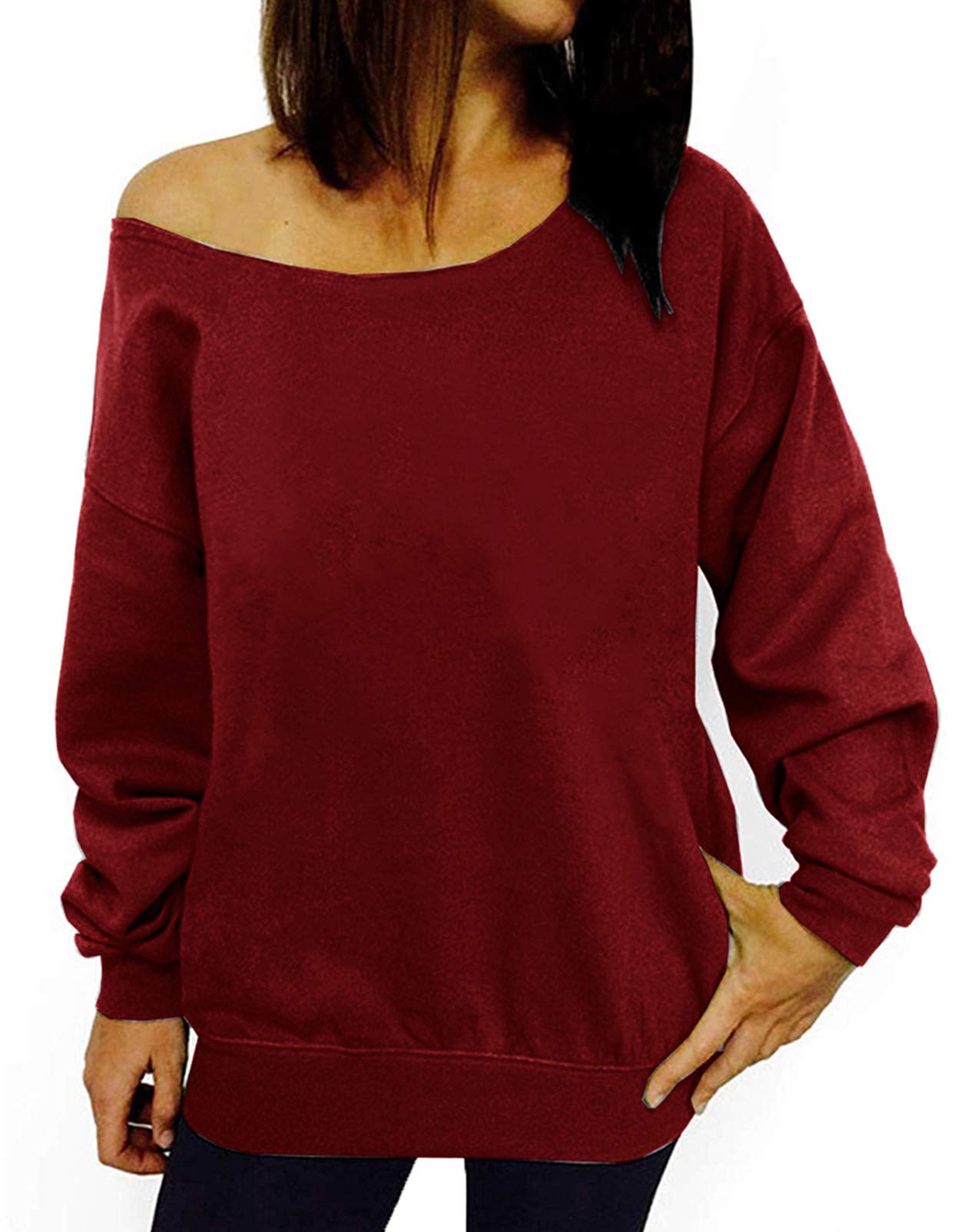 lymanchi Women Off Shoulder Sweatshirt Wide Neck Long Sleeve Slouchy Pullover Top 107 Wine Red 2X