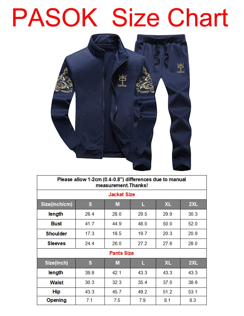 PASOK Men's Casual Tracksuit Full Zip Running Jogging Athletic Sports Jacket And Pants Set Blue L