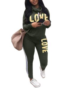 angsuttc women's letter print 2 piece outfit cowl neck long sleeve sweatshirt and pants joggers set tracksuit army green xx-large