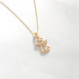 14k Real Gold Angel Necklace for Women | 14k Solid Gold Guardian Angel Necklace | Small Angel Pendant Necklace | Dainty Heart and Angel Jewelry | Gifts for Christmas, 18"