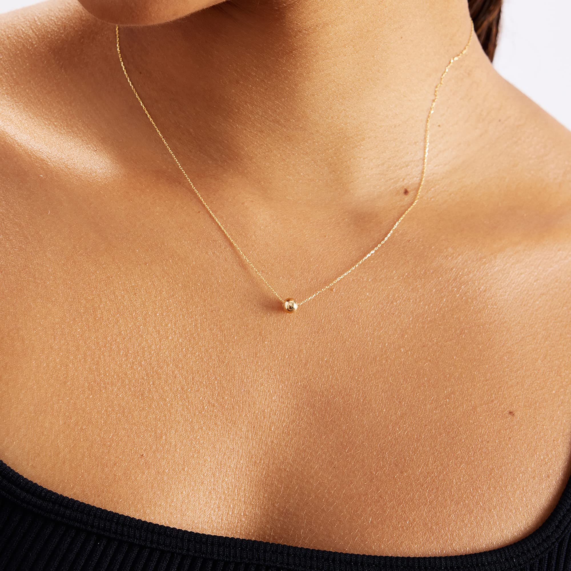 14k Solid Gold Bead Necklace | 14k Yellow Gold Small Bead Pendant Necklaces for Women | Beaded Necklace | Delicate Round Jewelry | Gifts for Christmas, 18"