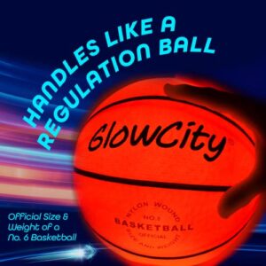 GlowCity LED Light-Up Basketball – Size 6, 28.5-inch, Official Size Women’s Basketball, Good for Pre-Teens Too – Impact Activated Glow-in-The-Dark, Nylon Wound Durability, Batteries Included