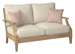 signature design by ashley clare view coastal outdoor patio eucalyptus loveseat with cushions, beige