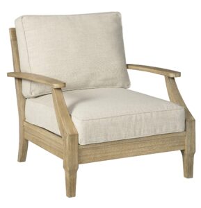 signature design by ashley clare view outdoor eucalyptus wood single cushioned lounge chair, beige