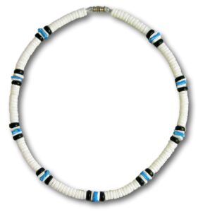 native treasure 15 inch little kid's white clam heishe puka shell necklace blue chip 2 black coco surfer beach necklace - 8mm (5/16")