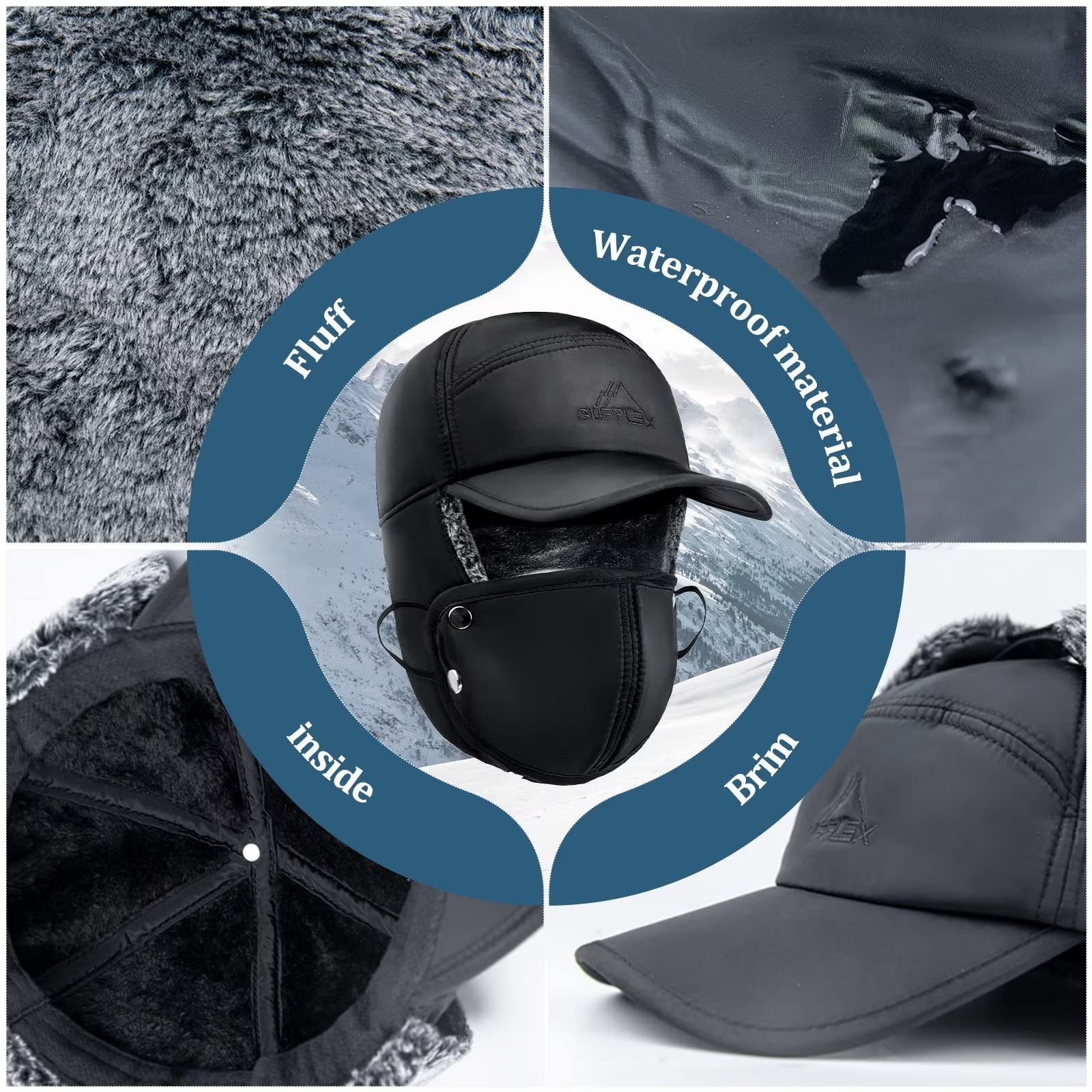 Winter Trapper Hats for Men Warm Trooper Hunting Hat with Ear Flaps Windproof Mask Ushanka Hat for Women in Color Black