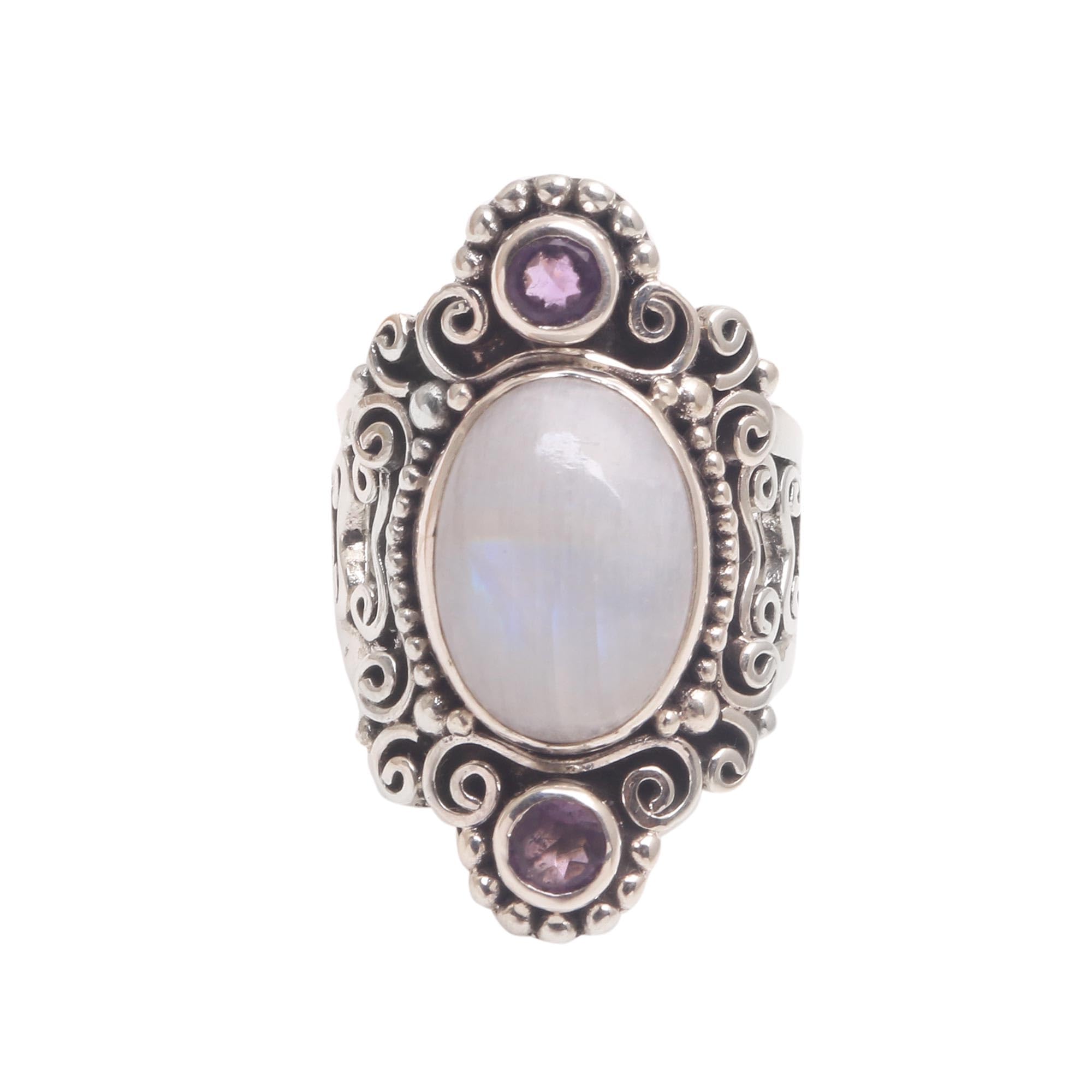 NOVICA Artisan Handmade Rainbow Moonstone Amethyst Cocktail Ring from Bali Sterling Silver Indonesia Gemstone Birthstone [ring Front 1.2 in L x 0.6 in W x 0.3 in H Band Width 8 mm W] ' Glimpse of