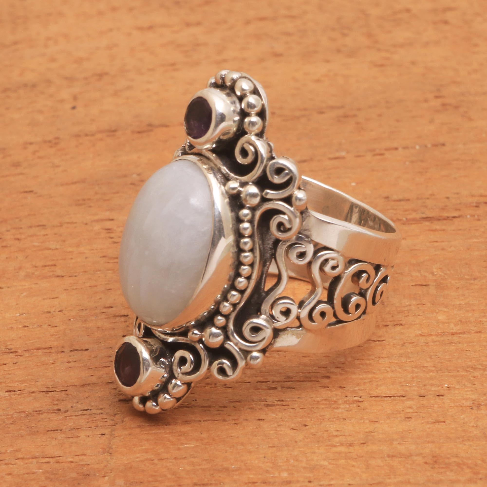 NOVICA Artisan Handmade Rainbow Moonstone Amethyst Cocktail Ring from Bali Sterling Silver Indonesia Gemstone Birthstone [ring Front 1.2 in L x 0.6 in W x 0.3 in H Band Width 8 mm W] ' Glimpse of