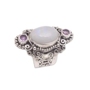 NOVICA Artisan Handmade Rainbow Moonstone Amethyst Cocktail Ring from Bali Sterling Silver Indonesia Gemstone Birthstone [ring Front 1.2 in L x 0.6 in W x 0.3 in H Band Width 8 mm W] ' Glimpse of