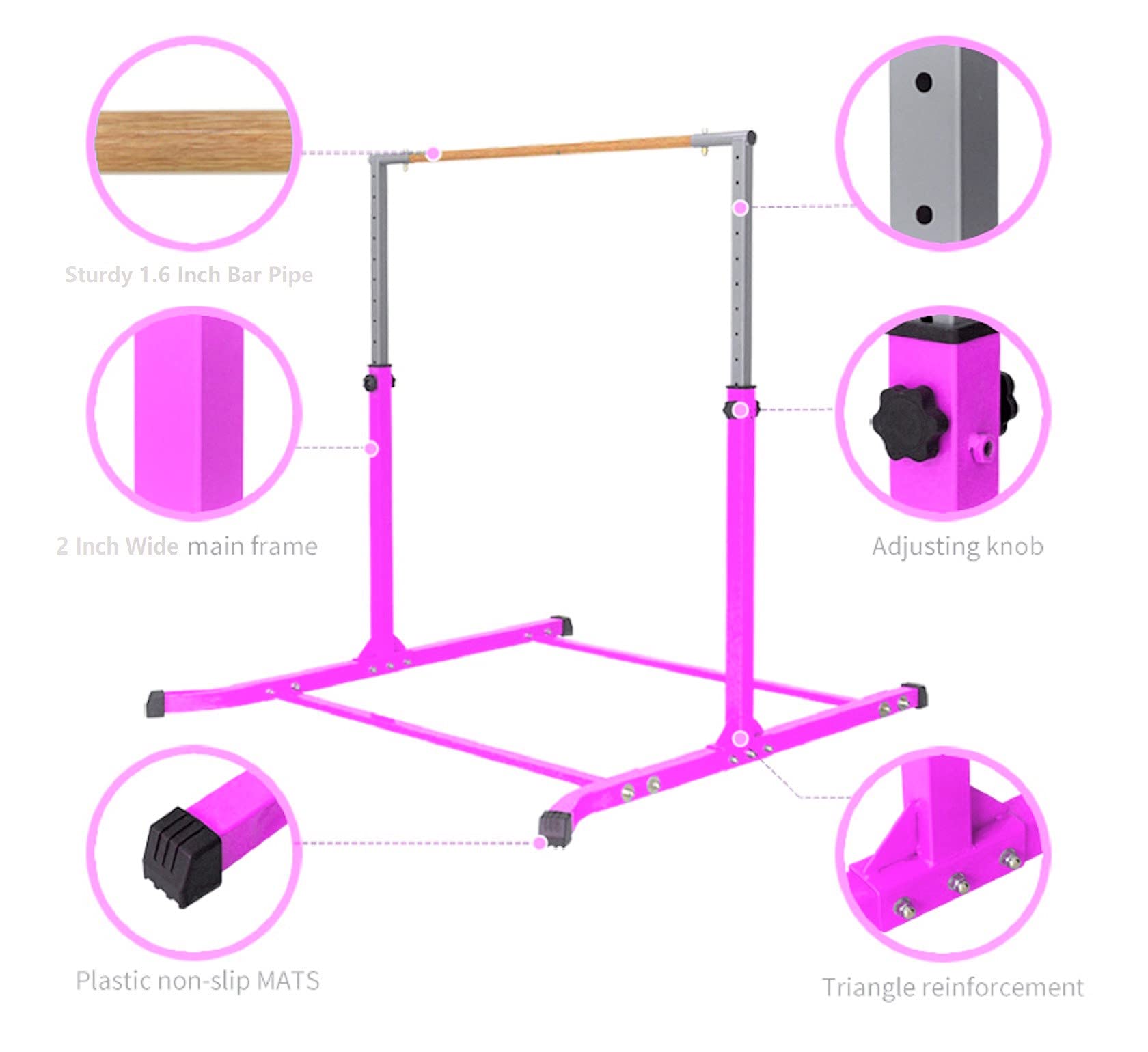 Athletic Bar Expandable Horizontal Standard Kip Bar with Free Removable Foam Padded Bar Pad for Training, Gymnastics Pink