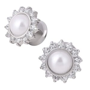 longbeauty silvery stainless steel petals diamond white pearl opal single flared flesh ear tunnels plugs stretcher expander gauge 00g