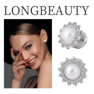 Longbeauty Silvery Stainless Steel Petals Diamond White Pearl Opal Single Flared Flesh Ear Tunnels Plugs Stretcher Expander Gauge 00g