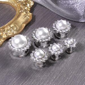 Longbeauty Silvery Stainless Steel Petals Diamond White Pearl Opal Single Flared Flesh Ear Tunnels Plugs Stretcher Expander Gauge 00g