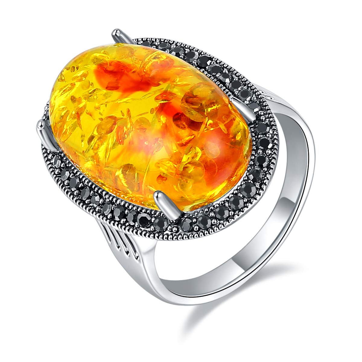 Ajojewel Women Rings With Big Stones Unique Bling Orange Resin Rings Party Wedding Jewelry(white-gold-plated-base, 9)