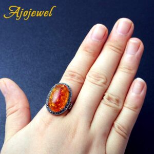 Ajojewel Women Rings With Big Stones Unique Bling Orange Resin Rings Party Wedding Jewelry(white-gold-plated-base, 9)