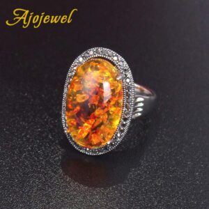 Ajojewel Women Rings With Big Stones Unique Bling Orange Resin Rings Party Wedding Jewelry(white-gold-plated-base, 9)