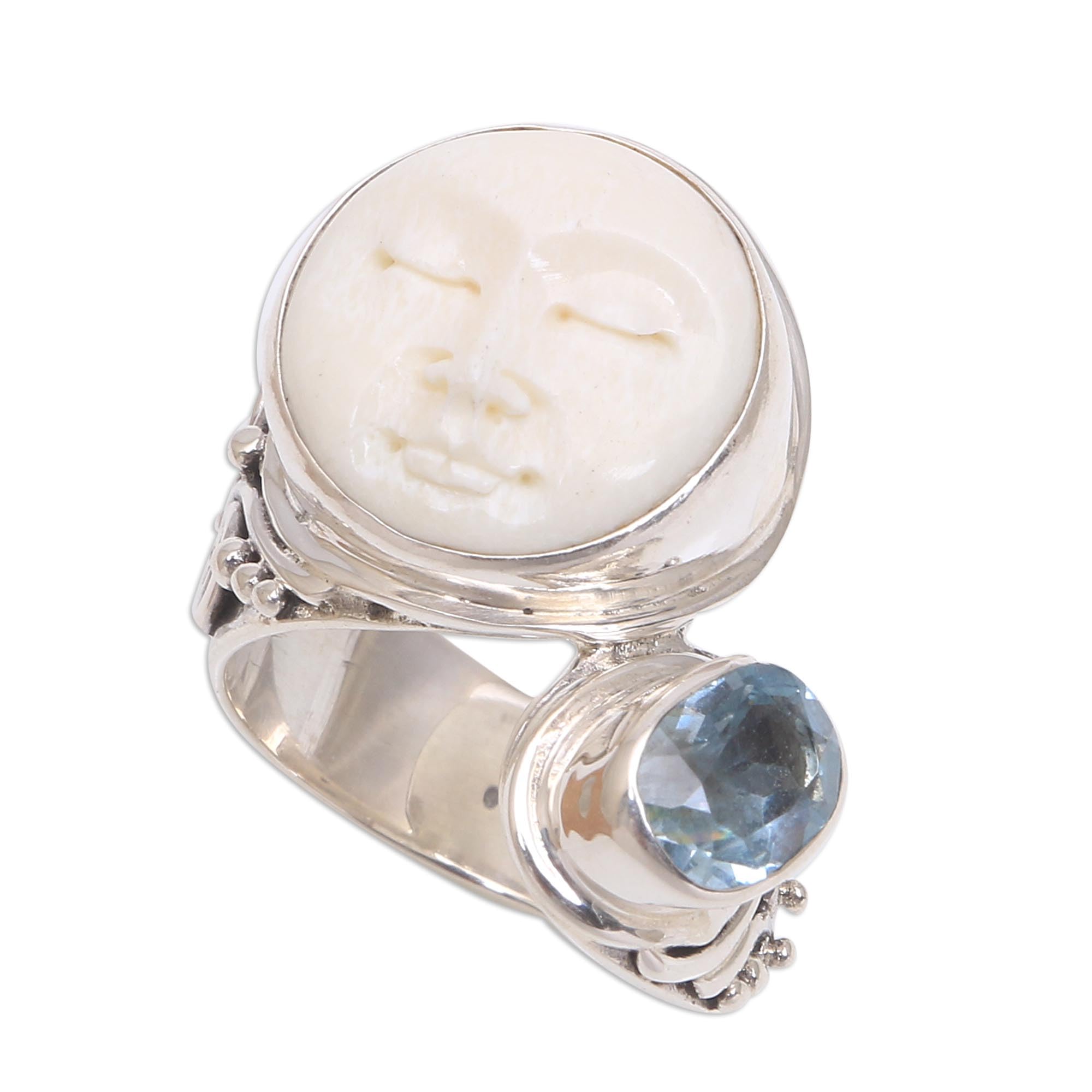 NOVICA Artisan Handmade Blue Topaz Cocktail Ring Bone Face from Bali Sterling Silver Indonesia Birthstone Gemstone [ring Front 0.6 in L x 0.6 in W x 0.3 in H Band Width 7 mm W] ' Sparkling Face'