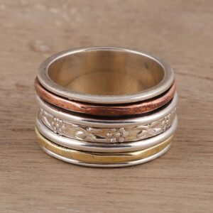 NOVICA Artisan handmade sterling silver spinner ring crafted india no stone meditation floral [Band width 10 mm W] ' exciting garden'