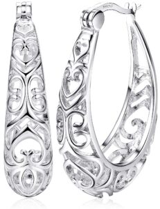 milacolato 925 sterling silver hoop earrings for women 18k white gold plated textured filigree oval hoop earrings lightweight & hypoallergenic vintage hoop earrings