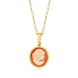 ross-simons italian orange shell cameo pendant necklace with 3.5mm cultured pearls in 18kt gold over sterling. 18 inches