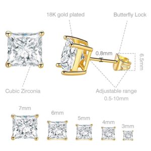 GEMSME 18K Gold Plated Princess Cut Clear Cubic Zirconia Stud Earrings Pack of 5 (gold)