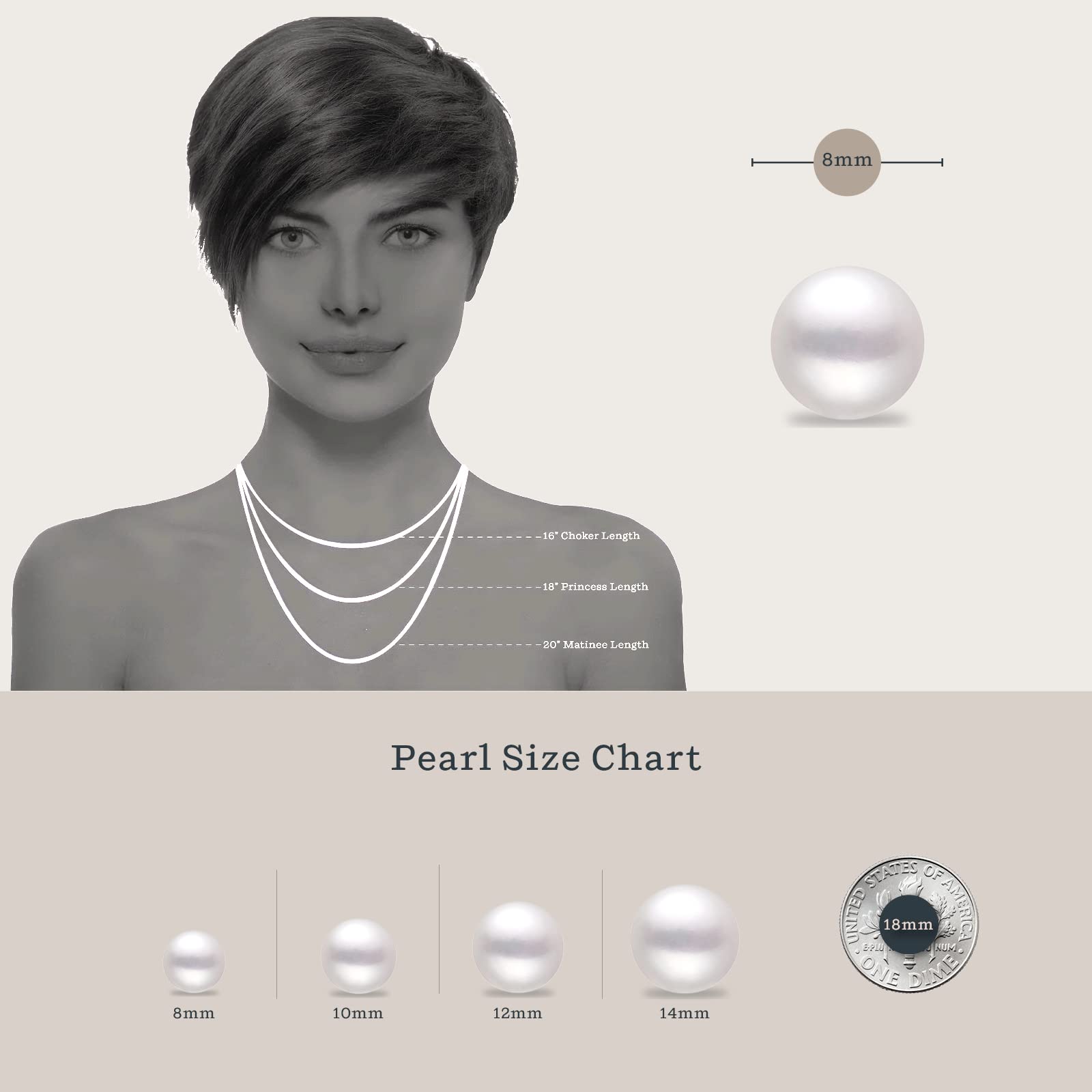 KEZEF Pearl Necklaces for Women - Simulated Faux Cream White Pearl Necklace 16" - Hand Knotted Strand - Pearl Size 8mm - Pearl Choker Necklace - Jewelry Gifts for Girls and Men