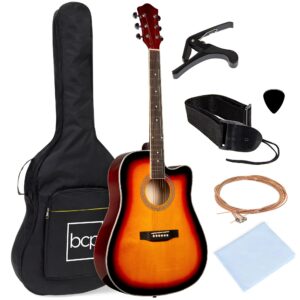 best choice products 41in beginner acoustic guitar full size all wood cutaway guitar starter set bundle with case, strap, capo, strings, picks - sunburst