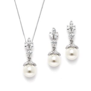 mariell ivory pearl necklace and drop earrings bridal and wedding jewelry set for women, brides, bridesmaids or mother of the bride, platinum plating, perfect jewelry gift for women