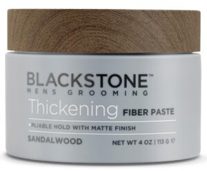 blackstone men's grooming thickening fiber paste gel for hair styling - adds volume with pliable hold & matte finish | paraben & cruelty free | made in usa, sandalwood (4 oz)