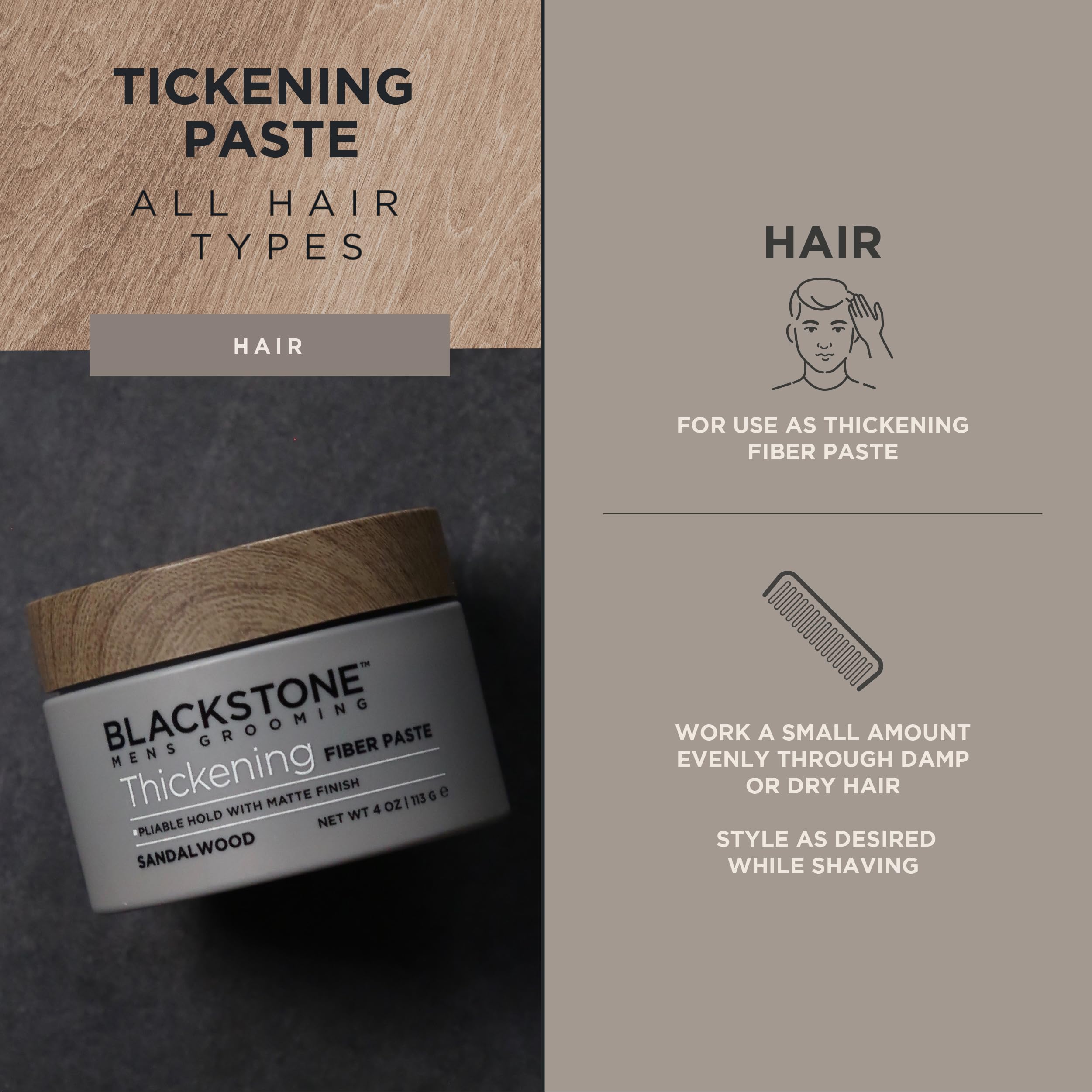 Blackstone Men's Grooming Thickening Fiber Paste Gel for Hair Styling - Adds Volume with Pliable Hold & Matte Finish | Paraben & Cruelty Free | Made in USA, Sandalwood (4 oz)