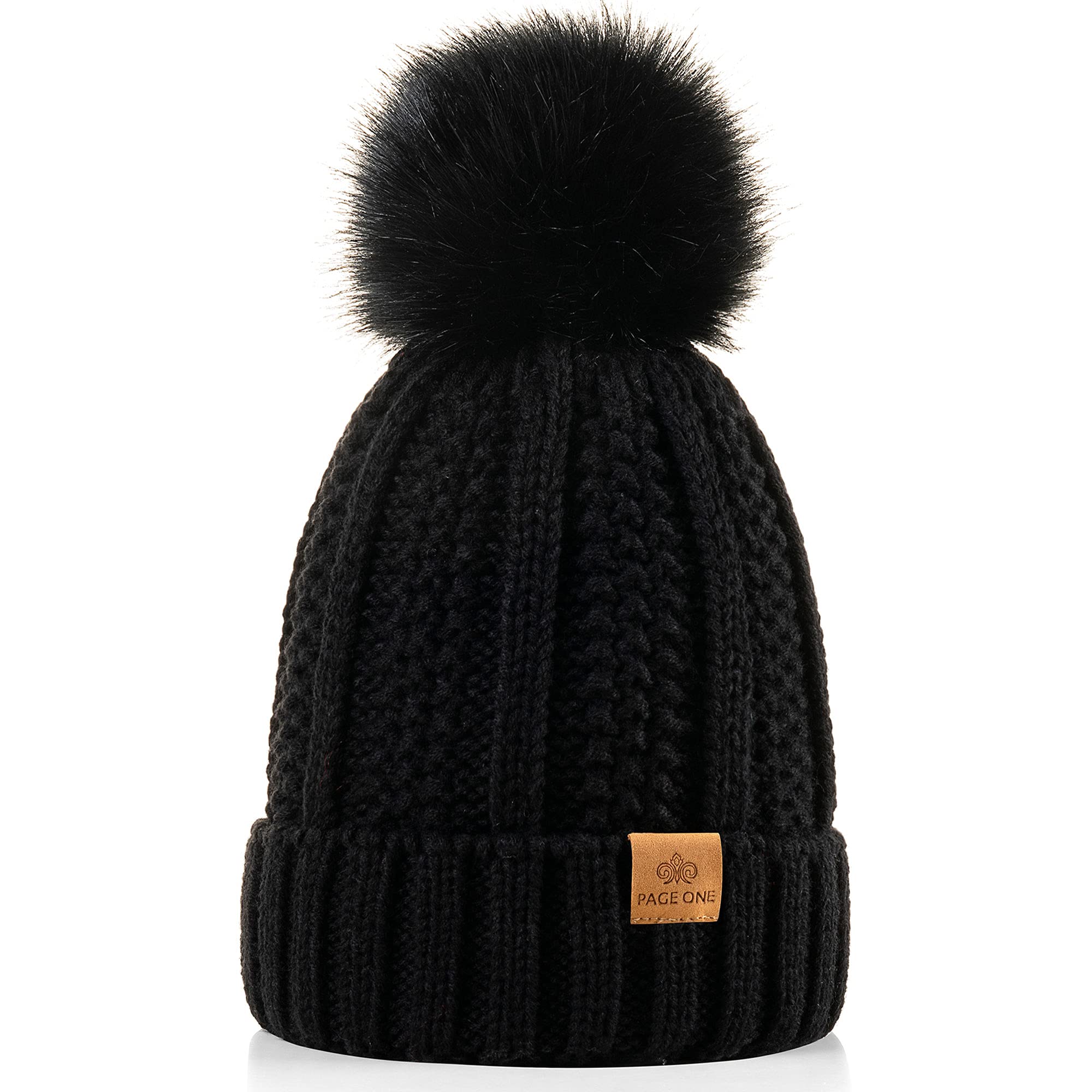 PAGE ONE Womens Winter Thick Cable Knit Beanie Faux Fur Pom Hat Fleece Lined Skull Cap Black