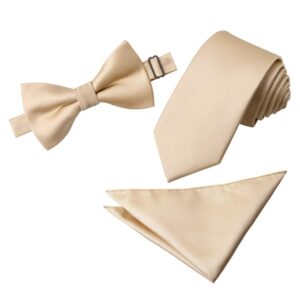 alizeal mens skinny necktie bowtie and pocket square 3pcs set (solid champagne)