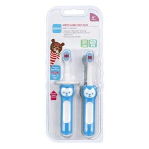 mam baby toothbrushes (2 baby's brushes and 1 safety shield), toothbrushes with brushy the bear character, interactive app, for boys 6+ months, blue