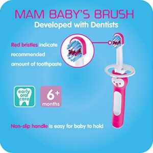 MAM Baby Toothbrushes (2 Baby's Brushes and 1 Safety Shield), Toothbrushes with Brushy the Bear Character, Interactive App, For Boys 6+ Months, Blue