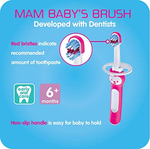 MAM Baby Toothbrushes (2 Baby's Brushes and 1 Safety Shield), Toothbrushes with Brushy the Bear Character, Interactive App, For Boys 6+ Months, Blue