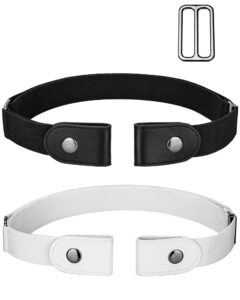 maikun 2 pieces buckle free belt,white stretch belt, buckless elastic belt women, black + white, waist size 24-50''