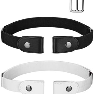 maikun 2 Pieces Buckle Free Belt,White stretch belt, Buckless Elastic Belt Women, Black + White, Waist size 24-50''