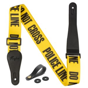 rinastore guitar strap yellow police line includes strap button & 2 strap locks shoulder straps for bass, electric & acoustic guitars2