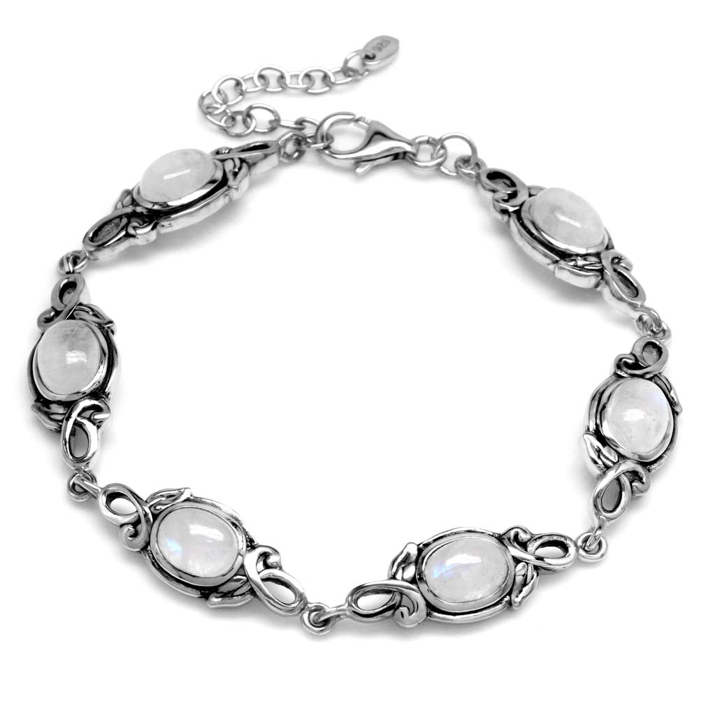 Silvershake 8x6mm Oval Natural Moonstone 925 Sterling Silver Leaf Vintage Inspired 7 to 8.5 Inch Adjustable Bracelet