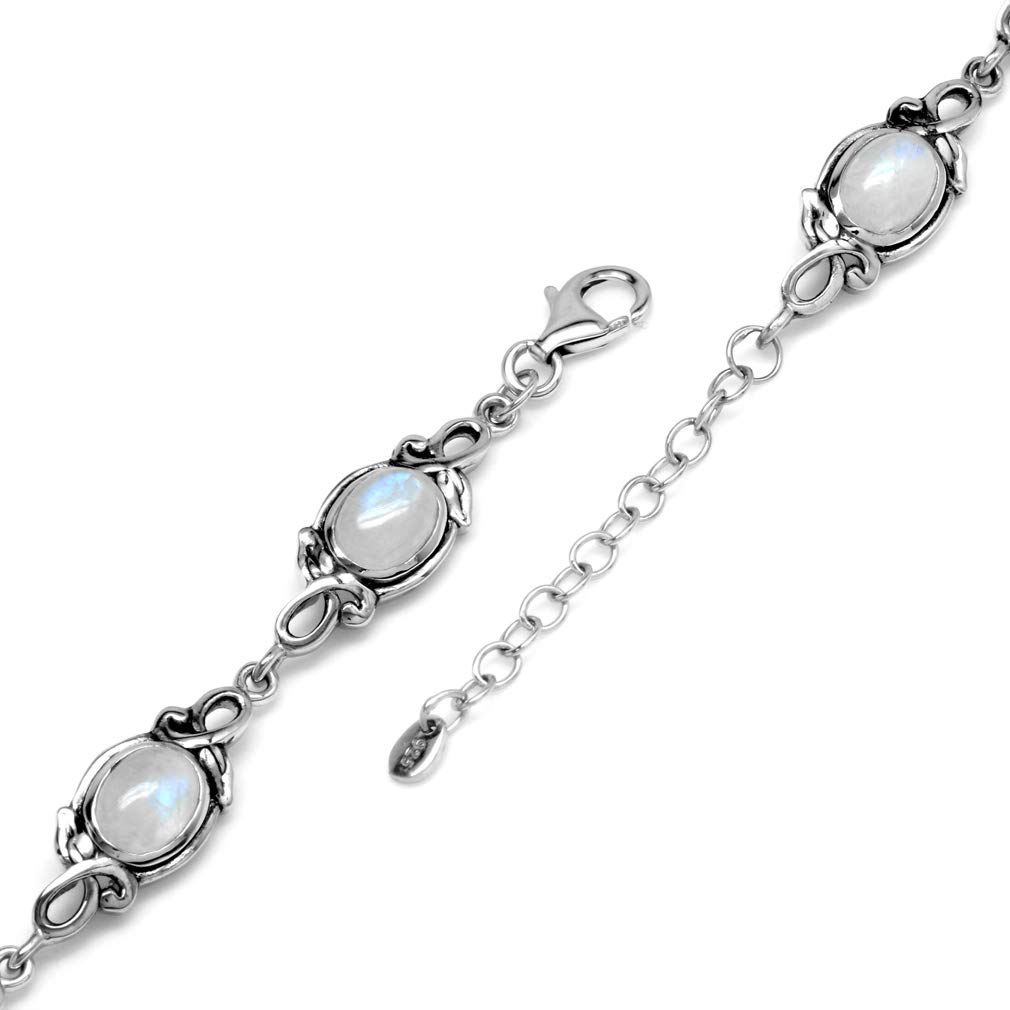 Silvershake 8x6mm Oval Natural Moonstone 925 Sterling Silver Leaf Vintage Inspired 7 to 8.5 Inch Adjustable Bracelet