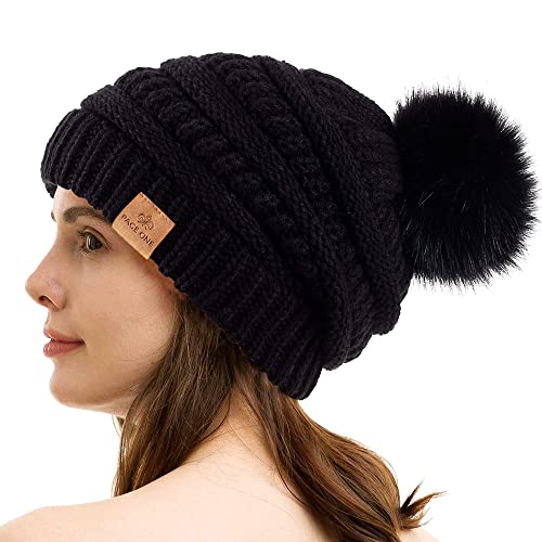 PAGE ONE Womens Fleece Lined Slouchy Beanie Chunky Baggy Hat Fur Pompom Winter Soft Warm Cap Black